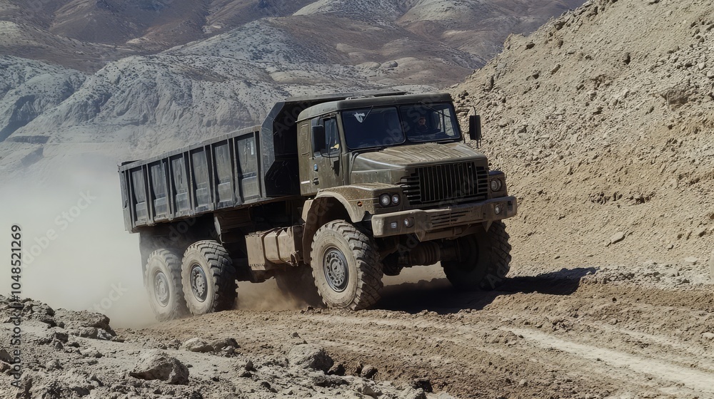 Heavy-duty Military Truck Off-Roading in Desert Landscape Stock Photo ...