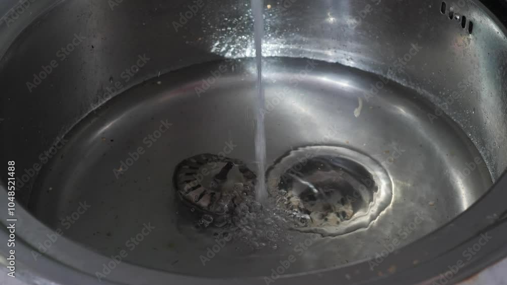 clogged kitchen sink, water flows into clogged kitchen sink with ...