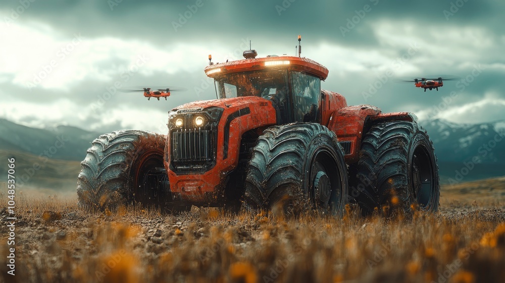 A futuristic agricultural hub with autonomous tractors and drones ...