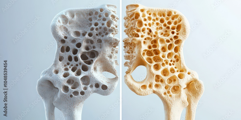 Side-by-side comparison of healthy and porous bones, illustrating ...