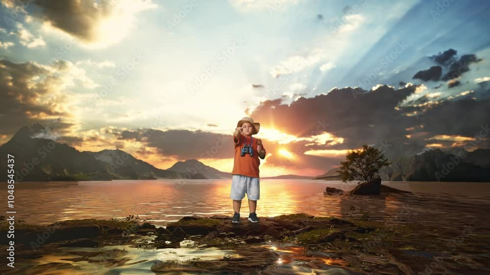 Asian Boy With Hat And Binoculars Using Magnifying Glass Pointing ...