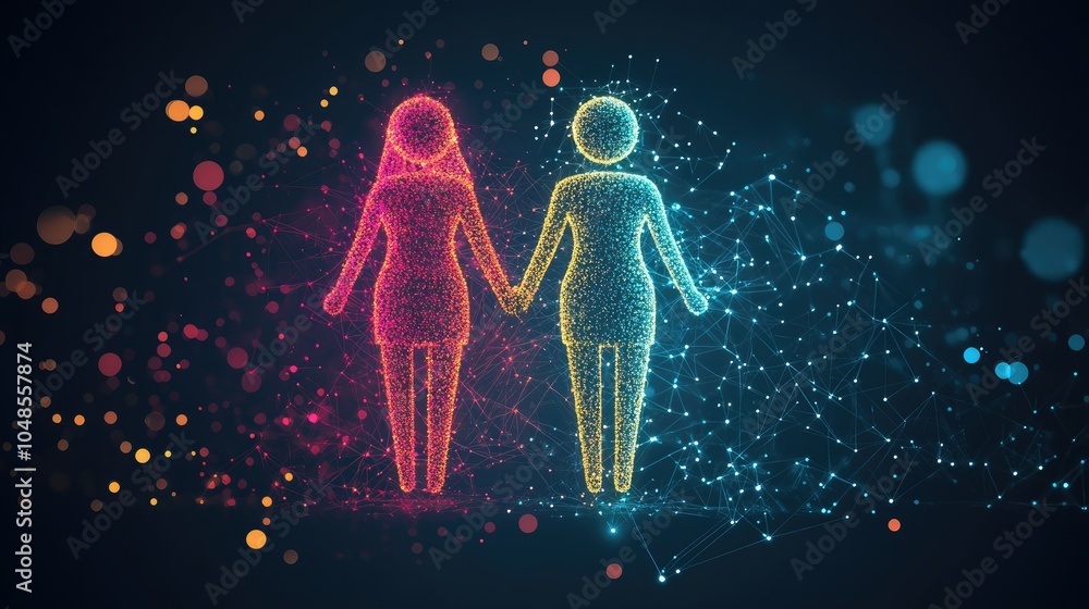 Male and female symbols connected by a glowing line, standing against a ...