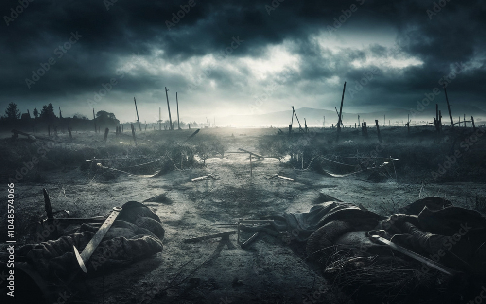 After the Fight: Stormy Battlefield Covered in the Remnants of a ...