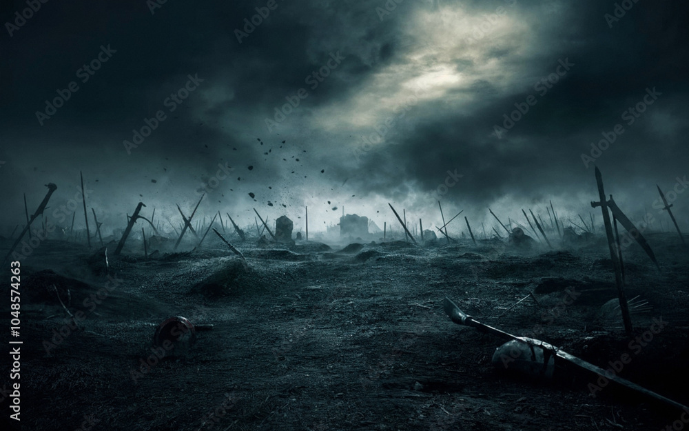 Dark stormy battlefield. Aftermath of a medieval battle in a open field ...