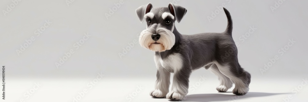 miniature schnauzer puppy, standing pose, gray and white fur, alert ...
