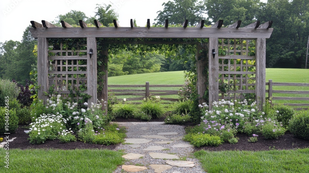 Modern rustic: black posts and wooden fence with trellises, creating a ...