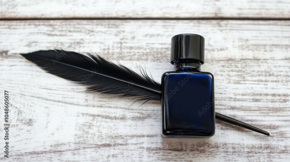 Quill and ink bottle arranged on a vintage wooden desk, suggesting ...