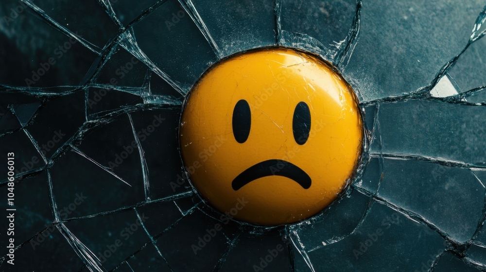 Sad face emoji on a cracked black glass background, representing the ...