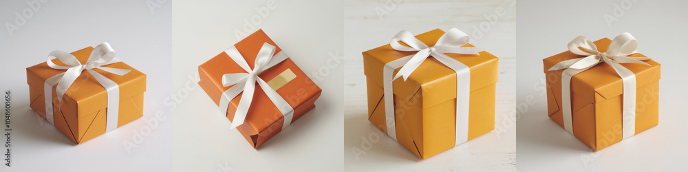 Orange gift box with white ribbon. Collection of classic luxury gift ...
