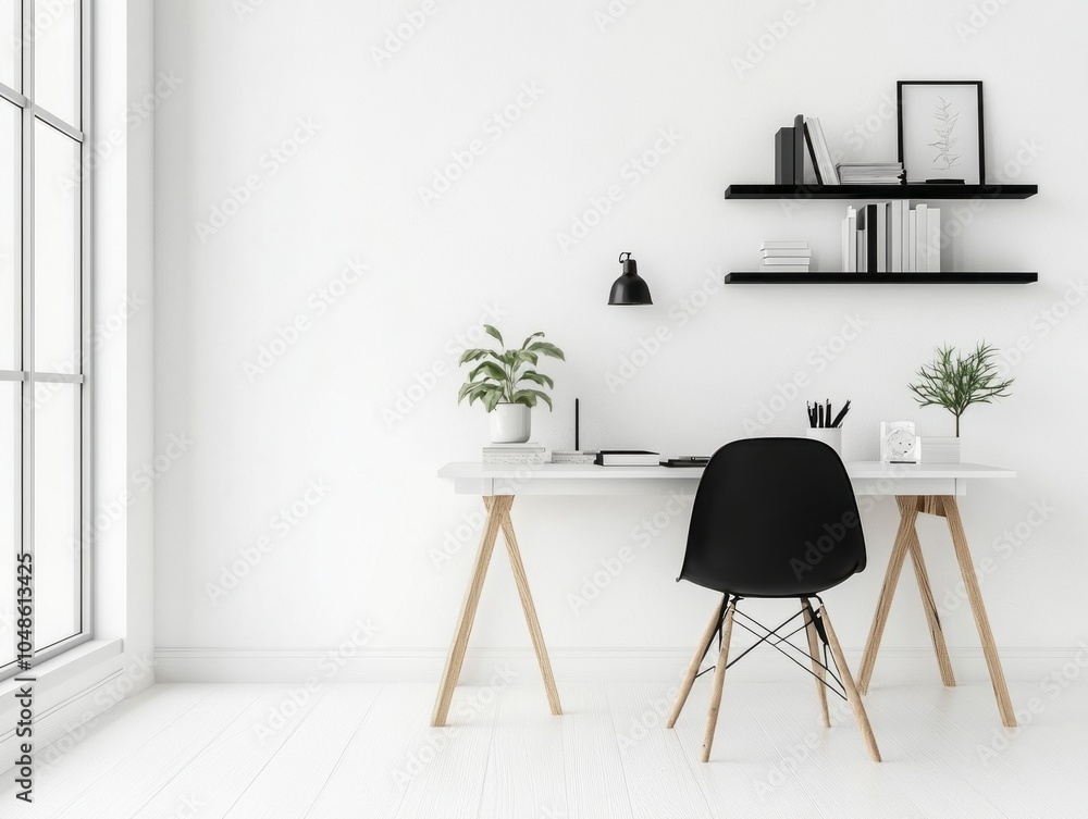 Minimalist study room with white walls and black furniture, keeping the ...