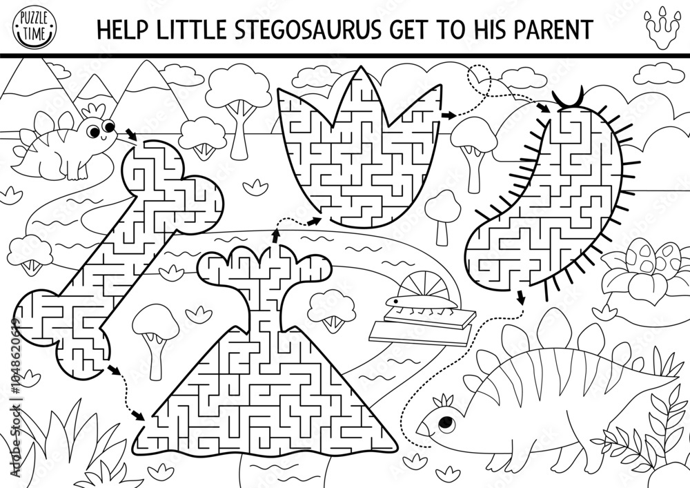 Dinosaur black and white maze for kids with geometrical bone, footprint ...