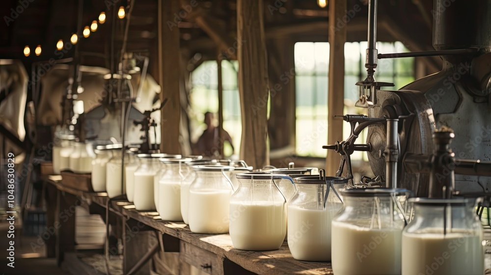 A vintage dairy farm with old-fashioned equipment and methods, such as ...