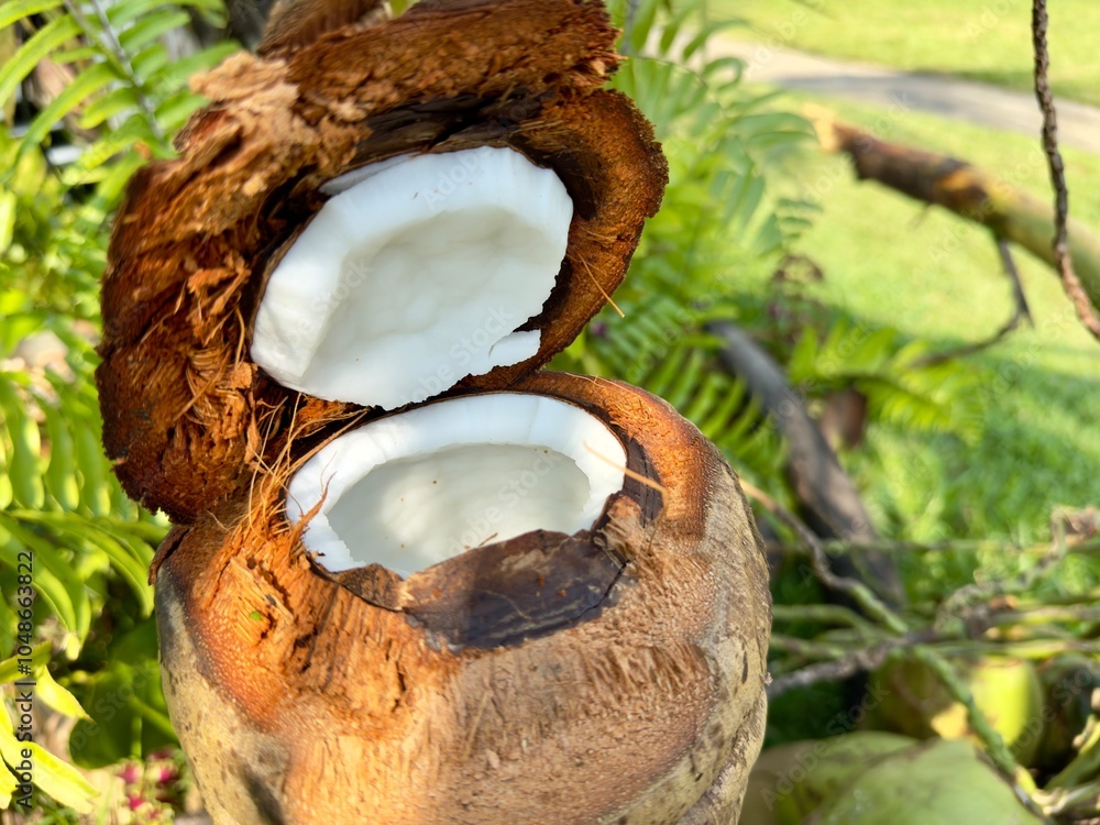 Um coco aberto se destaca, com suas folhas verdes vibrantes. Ao fundo ...