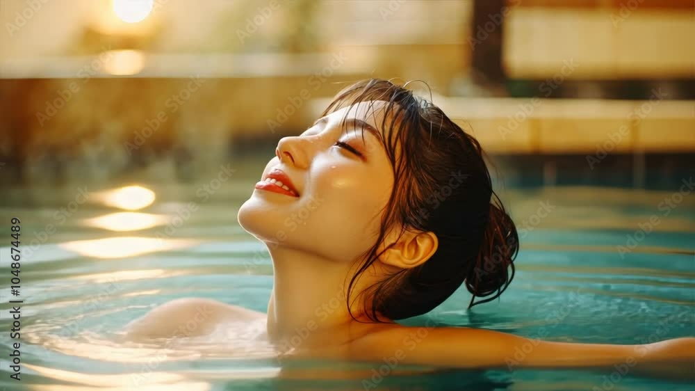 Woman immersing herself in a traditional Japanese sento or onsen ...