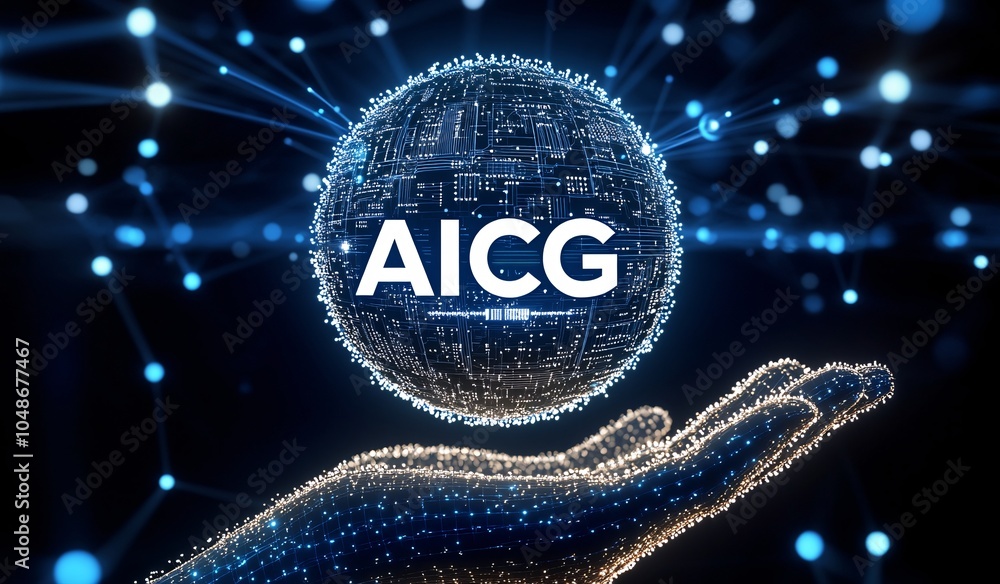 ภาพประกอบสต็อก 3D logo of the phrase "AICG" written in white on a blue ...