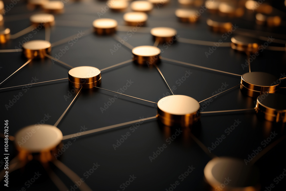 3d Social networking gold black chrome nodes background, interconnected ...