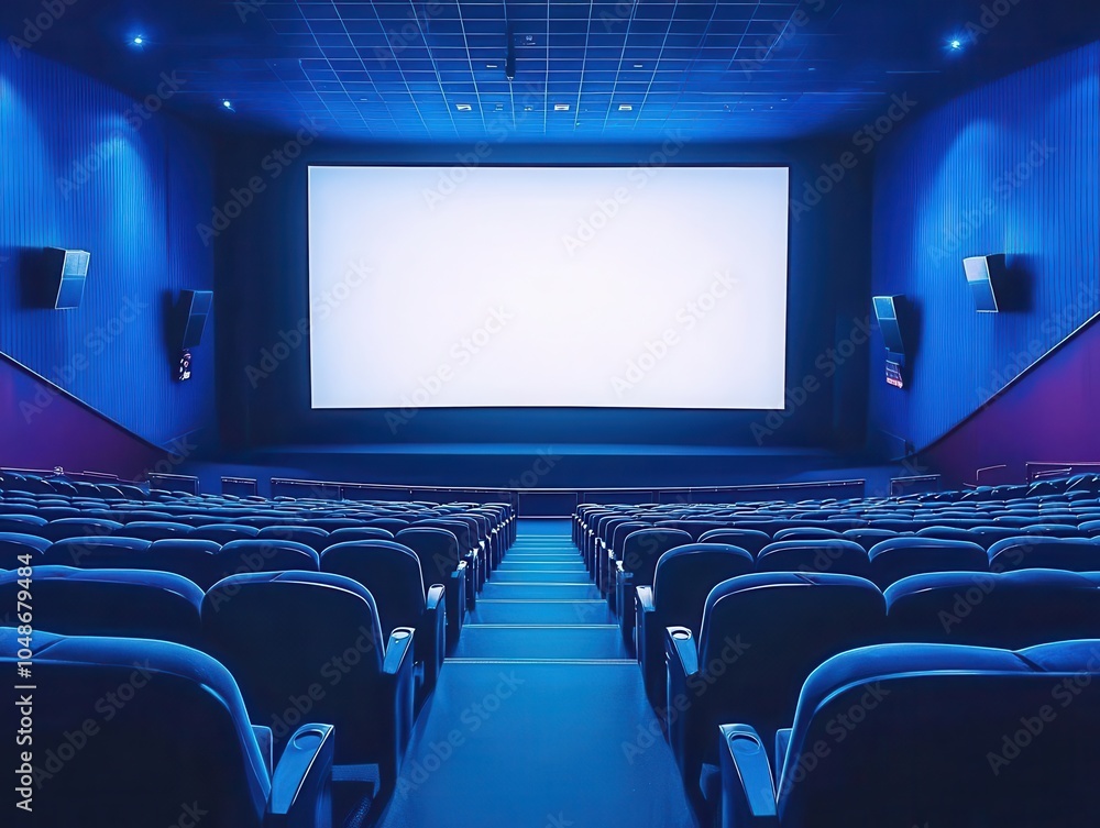 empty cinema hall bathed in deep blue light, showcasing a blank white ...