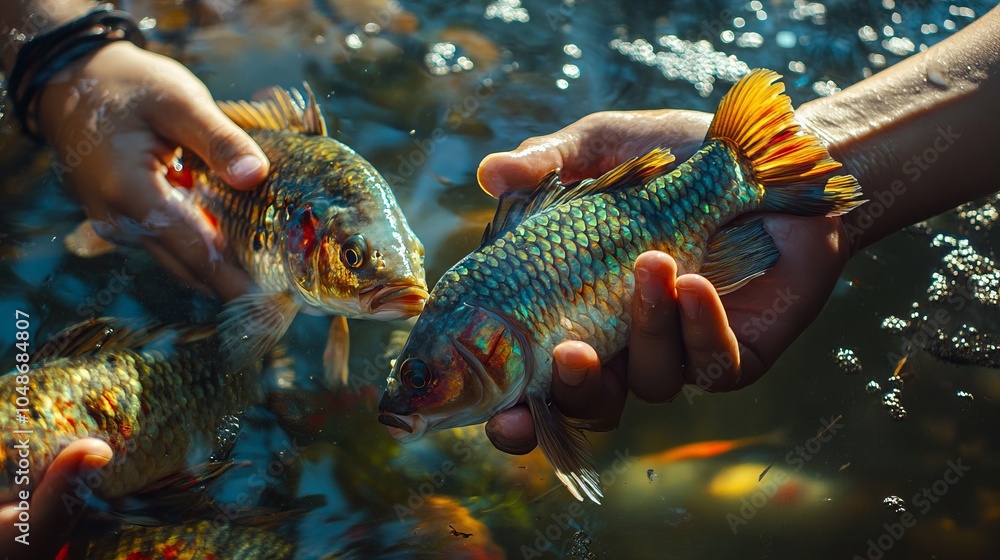 Morning feeding of farm-raised tilapia fish in freshwater pond ...