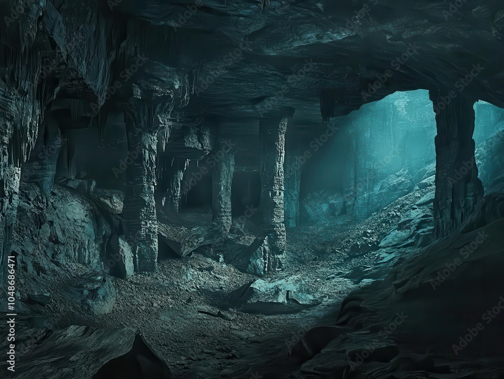 mysterious dark cave filled with floating rock formations and crumbling ...