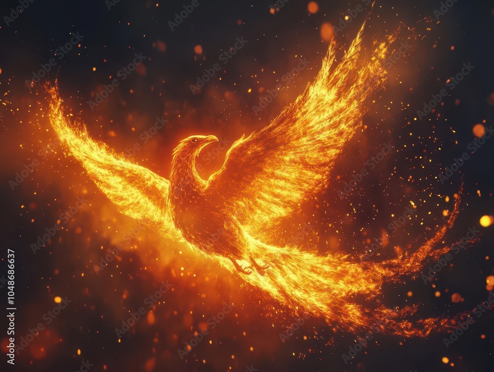 mythical phoenix rising from vibrant flames, feathers glowing in shades ...