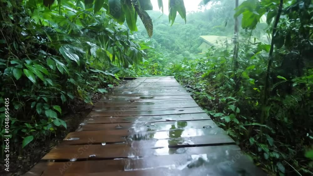 pathway Rainy ripples form raindrops Puddles wooden jungle trail create ...