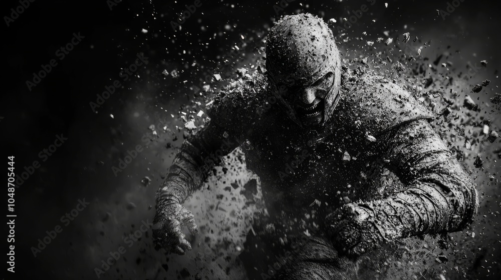 Medieval knight in dramatic action pose amidst exploding debris ...