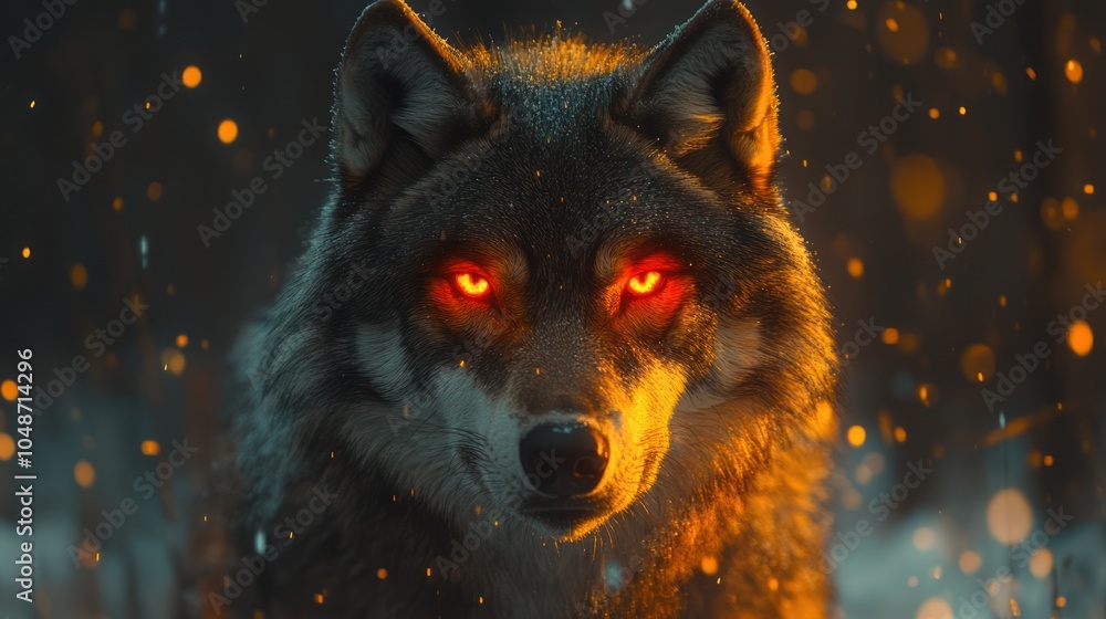 A wolf with glowing red eyes stares intensely at the camera with a dark ...
