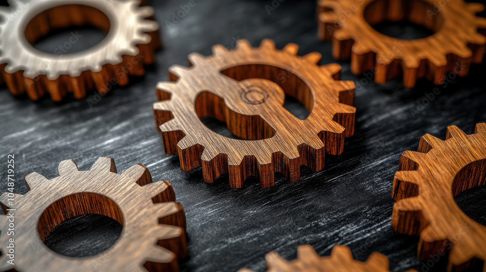 A collection of wooden gears are arranged on a black surface. The gears ...