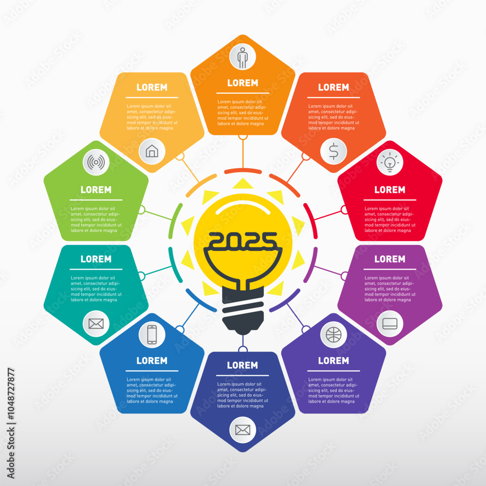 Light Bulb with 10 Colorful Pentagon Steps. Modern Template for ...