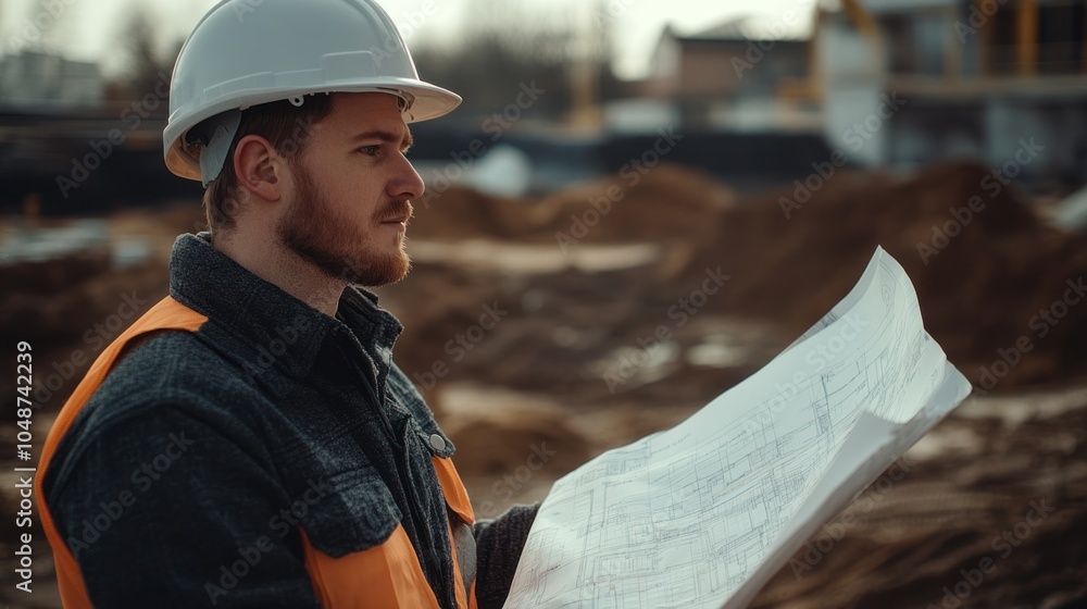 Engineer with hard hat on site, examining project details, ensuring ...