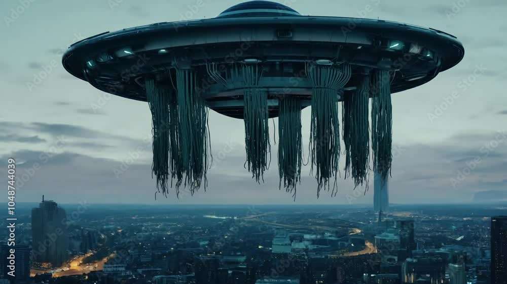 hanging night spaceships city media Flying Mixed AI saucer-shaped world ...