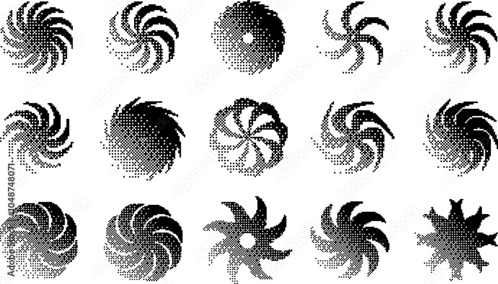 Vetor de Сollection of abstract black pixel swirl. Designs resemble ...