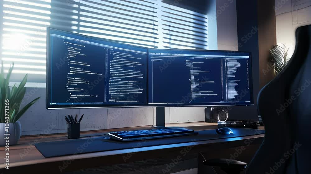 A modern home office with dual monitors, featuring a coding workspace setup, blending technology ...