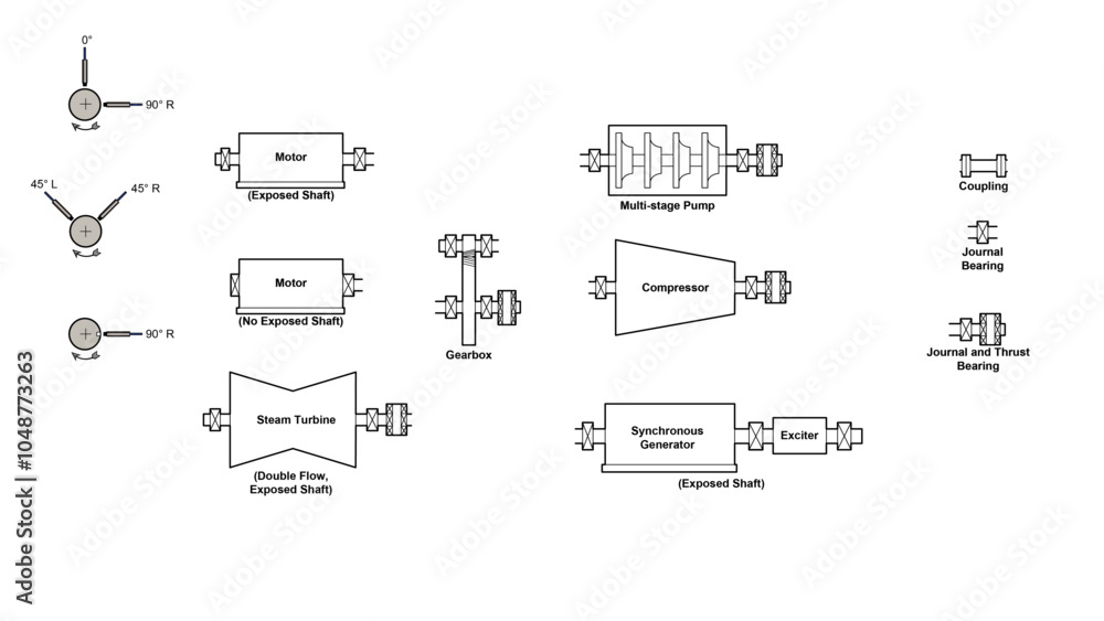 Line drawings showing machine train diagram symbols including vibration ...