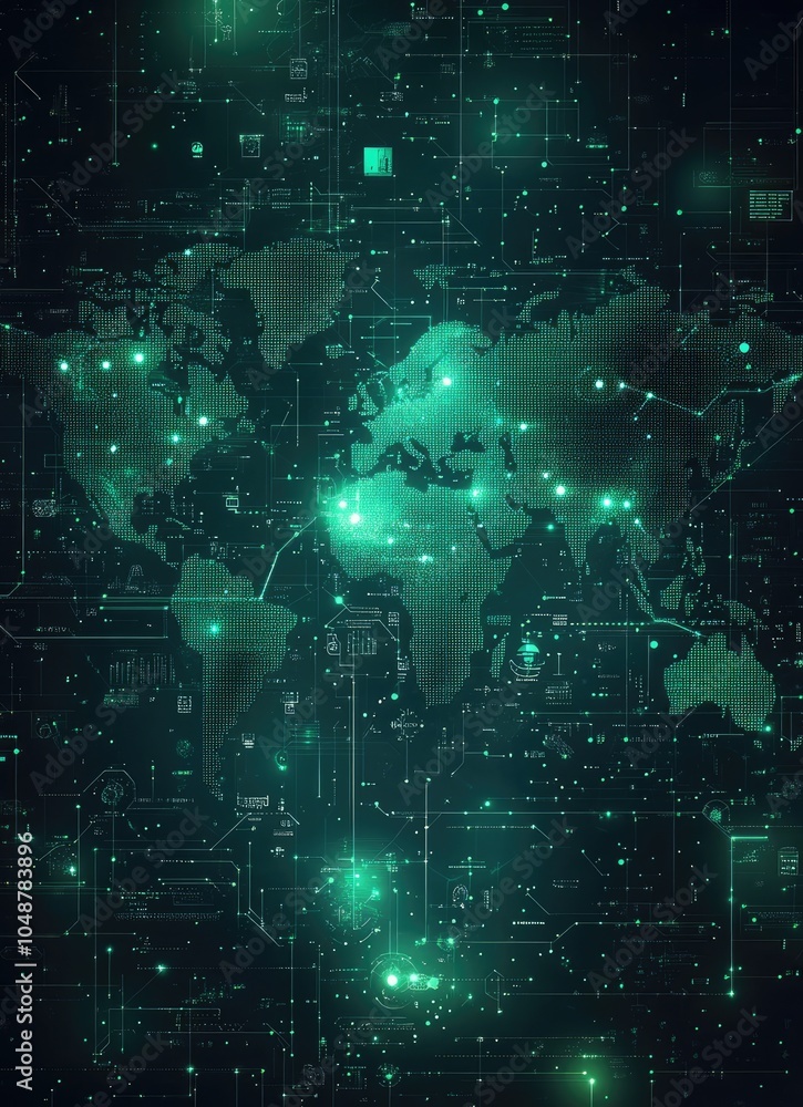 A digital rendering of the world map with glowing green lines ...