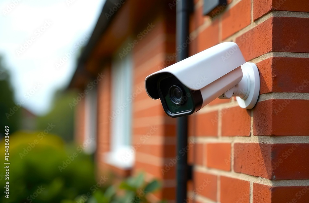 Security Camera on Brick Wall. A single white CCTV Camera mounted on a ...