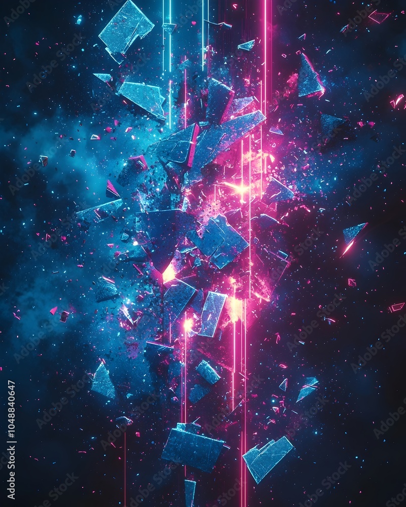 An abstract explosion of colorful shards in shades of blue and pink ...