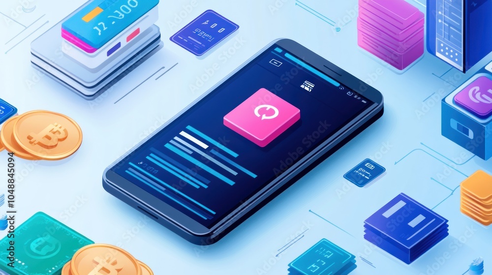 Illustration of a smartphone displaying a digital wallet interface ...