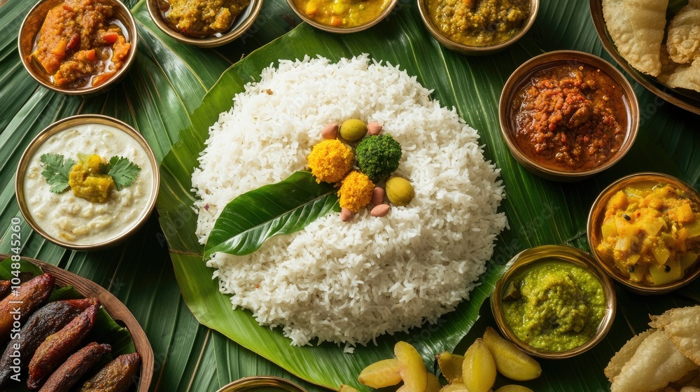 Onam sadhya rice arranged on a banana leaf, surrounded by colorful ...