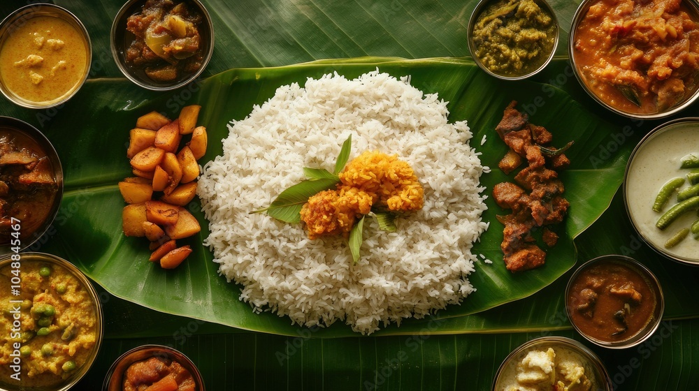 Onam sadhya rice arranged on a banana leaf, surrounded by colorful ...