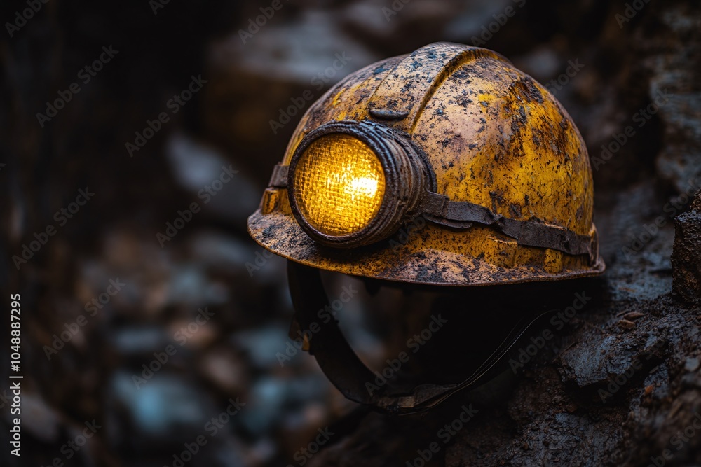 Old Worn Mining Helmet with Headlamp in Dark Underground Mine Shaft ...