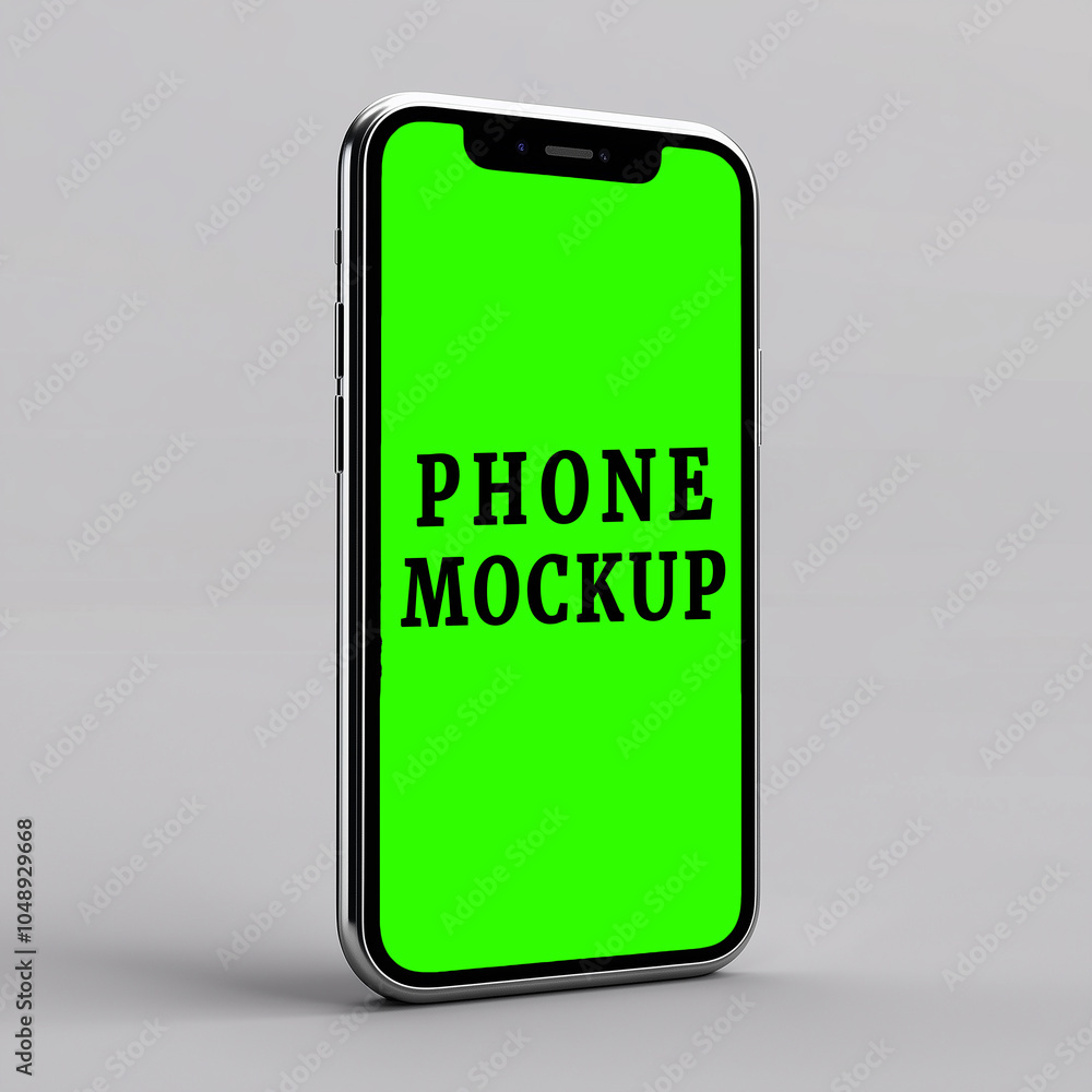 A modern smartphone mockup displaying bright green background with ...
