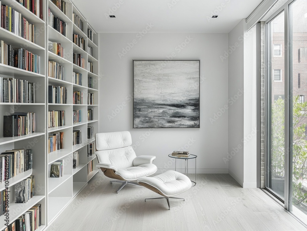 Modern minimalist library with clean, white walls and open shelving in ...