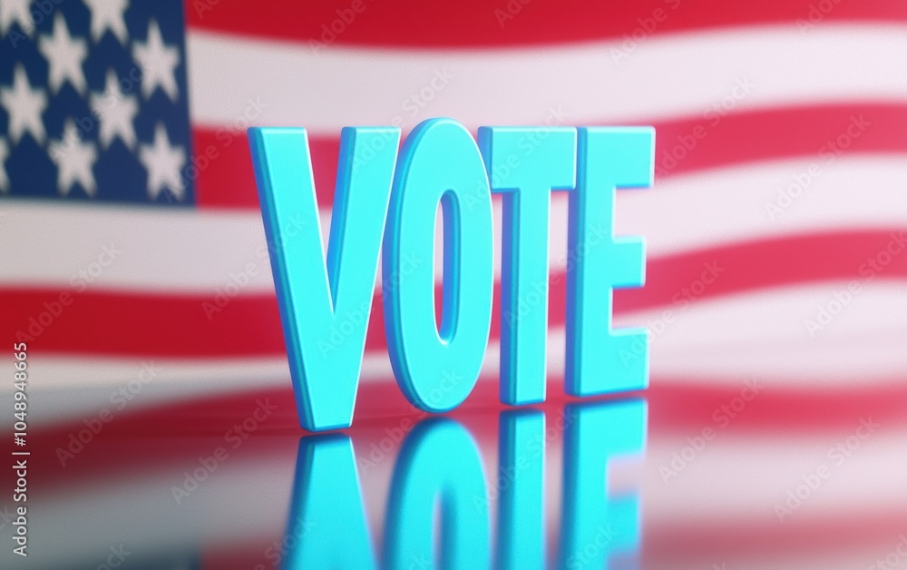 Blue 3D text reading "VOTE" text in front of a waving American flag ...