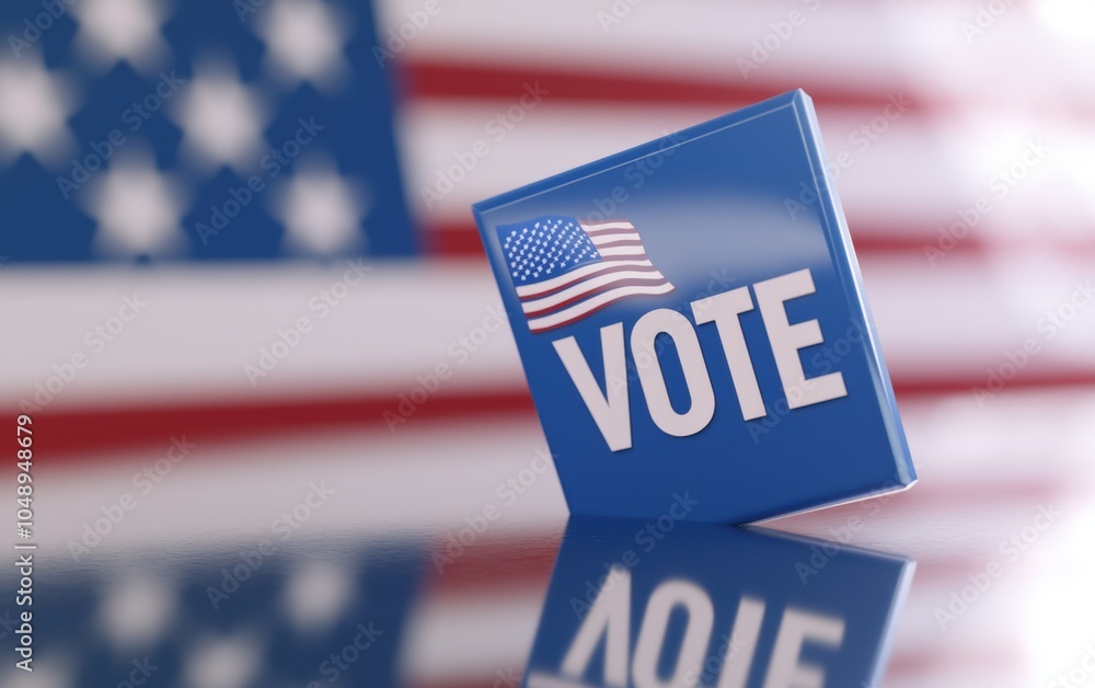Blue 3D text reading "VOTE" text in front of a waving American flag ...