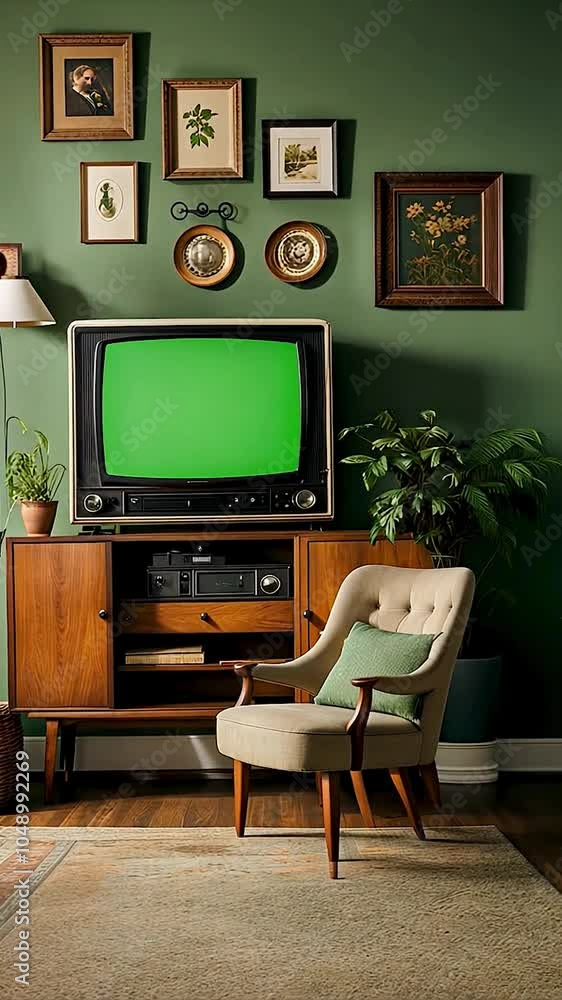 Vintage living room setup with a retro television with a bright green ...