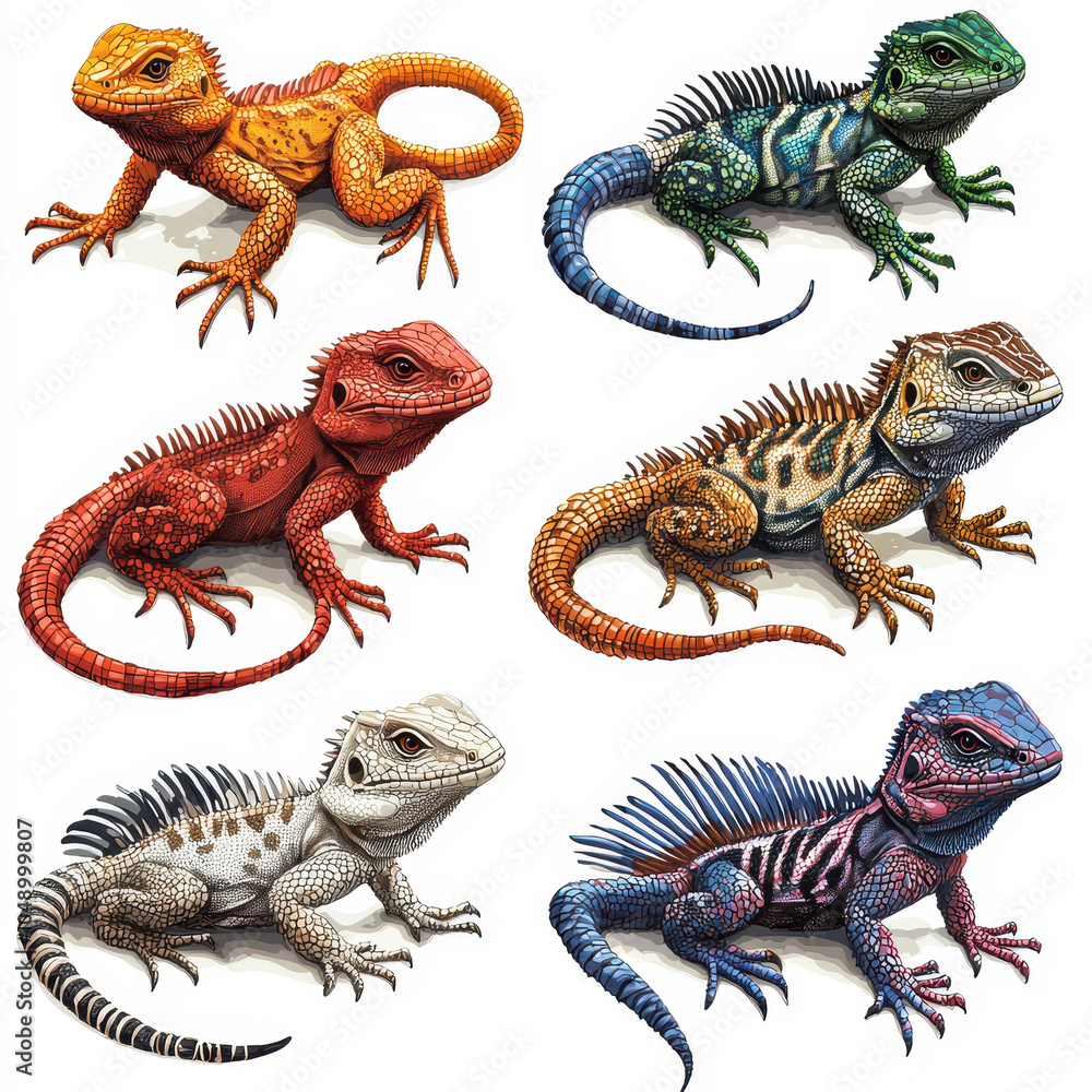 Colorful lizards in various poses, showcasing their unique patterns and ...