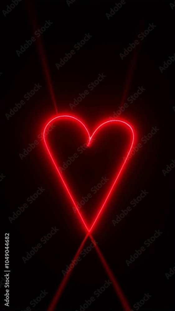 Vertical red neon heart outline with dual light beams on black backdrop ...