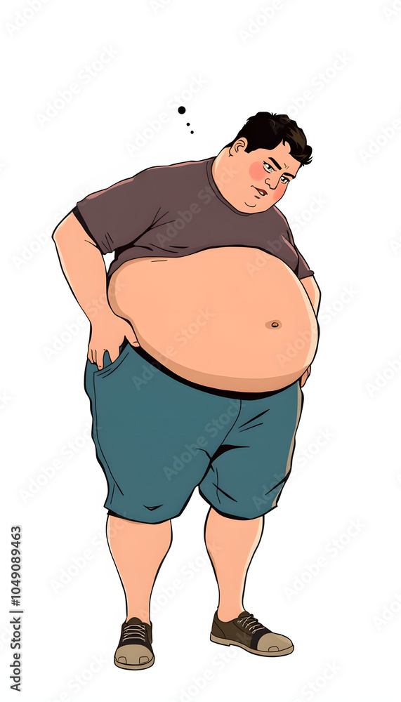 Fat man with a big belly worries about his body. Fat man has excess fat ...