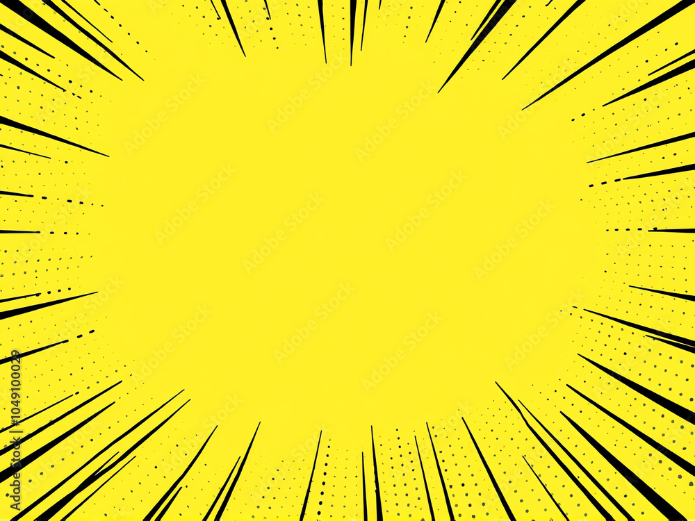 Bright yellow comic book explosion effect with radial lines creating a ...